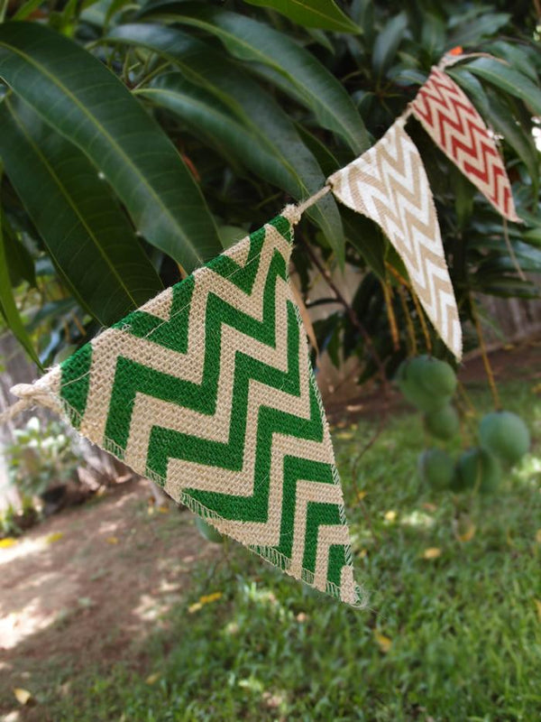 Festive Holiday Burlap w/ Multi-Color Chevron Triangle Flag Pennant ...