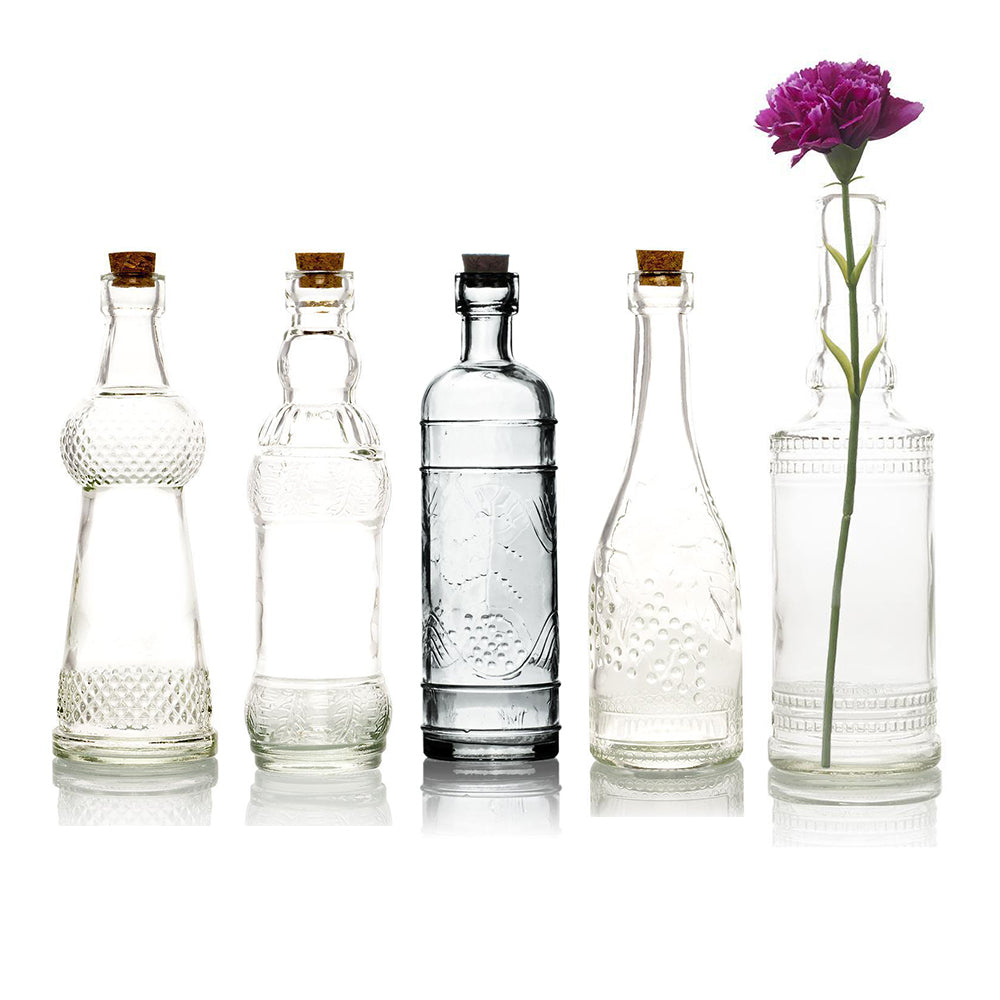 Royal Flush Clear Vintage Glass Bottles Set - (5 Pack, Assorted Design ...