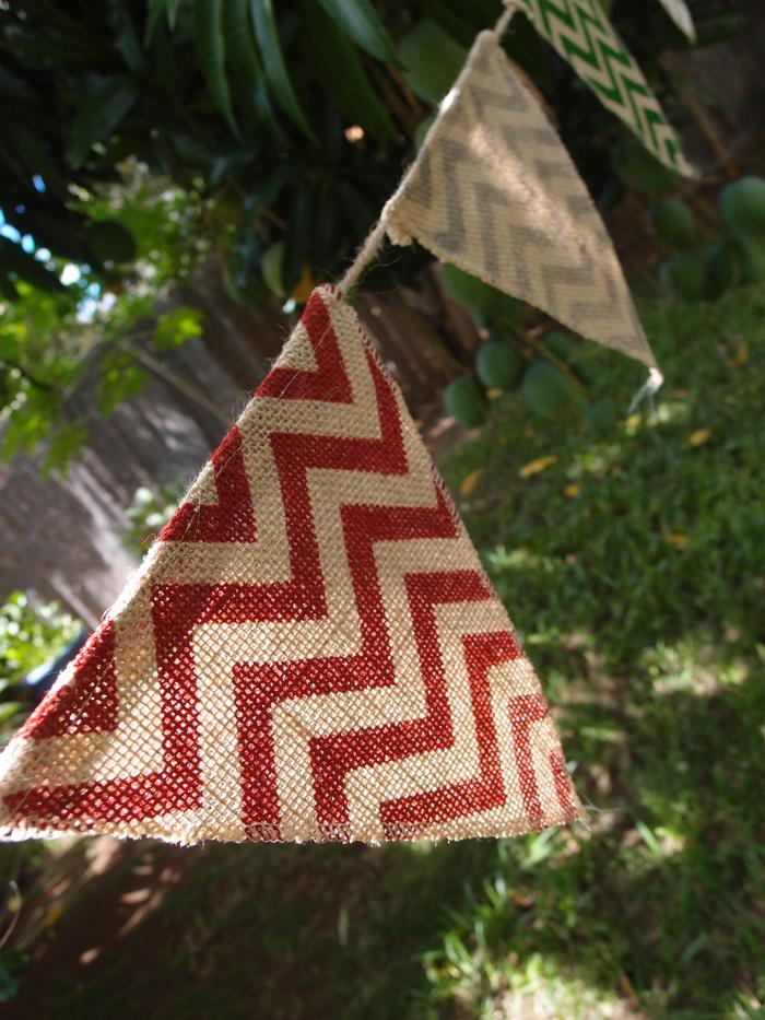 Festive Holiday Burlap w/ Multi-Color Chevron Triangle Flag Pennant ...