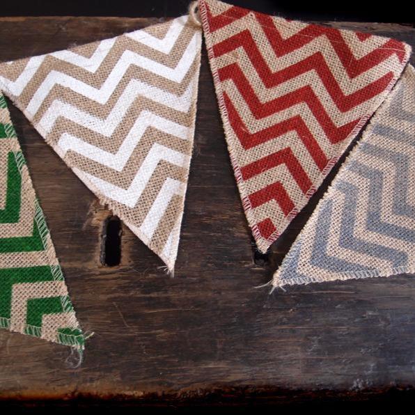 Festive Holiday Burlap w/ Multi-Color Chevron Triangle Flag Pennant ...