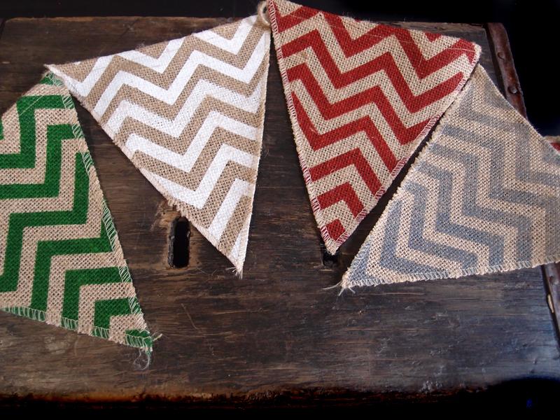 Festive Holiday Burlap w/ Multi-Color Chevron Triangle Flag Pennant ...