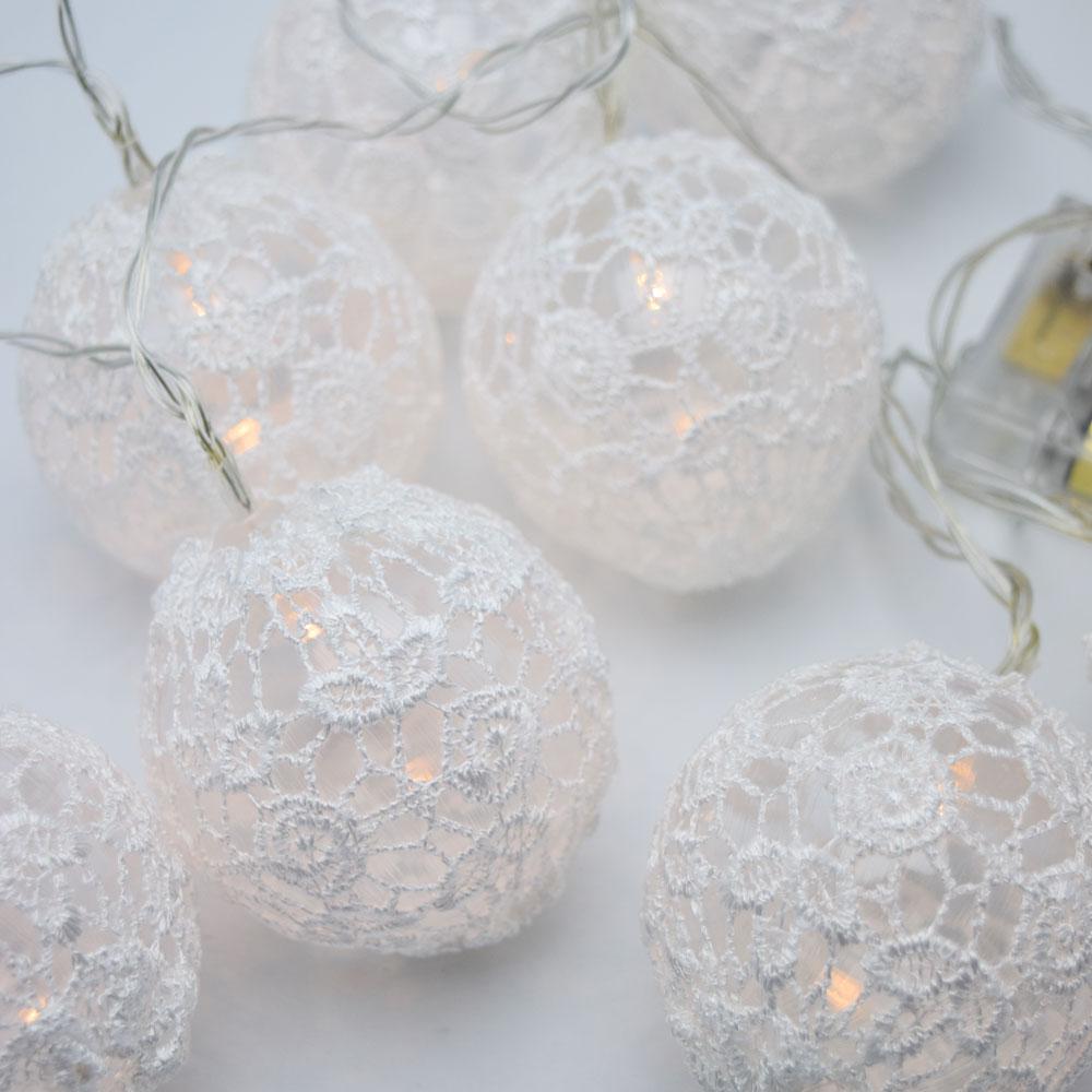 10 LED White Round Lace Fabric Ball String Light, 5.5 FT, Battery Oper ...