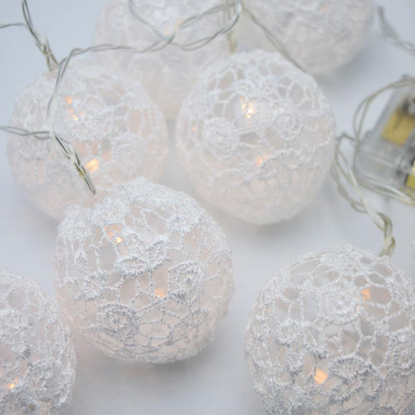 10 LED White Round Lace Fabric Ball String Light, 5.5 FT, Battery Oper ...